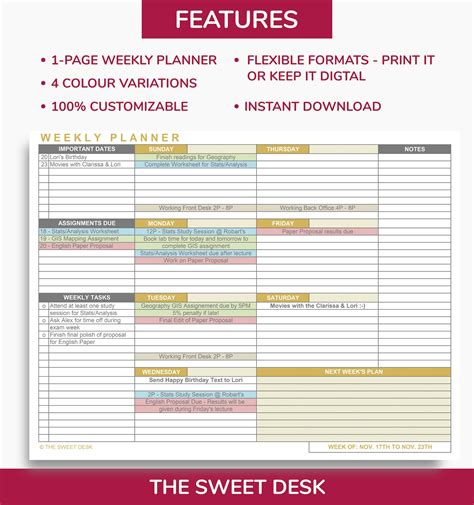 Editable Weekly Planner Excel Template Printable Weekly Calendar One Page Planner ALICE