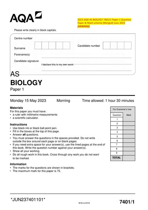 2023 Aqa As Biology 74011 Paper 1 Question Paper And Mark Scheme Merged June 2023 Verified
