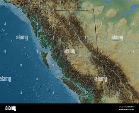British Columbia Province Of Canada Colored Elevation Map With Lakes