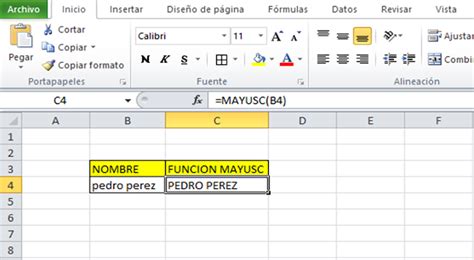 COMO USAR LA FUNCION MAYUSCULA EN EXCEL EXCELONLINEJC