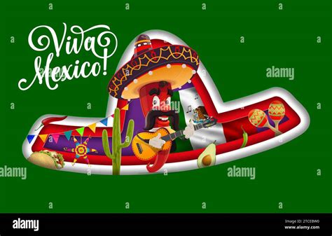 Viva Mexico Paper Cut Banner With Mexican Sombrero And Chili Pepper