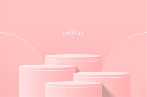 스튜디오 룸에 있는 추상적인 분홍색 3d 배경 둥근 원 모양의 배경이 있는 사실적인 3d 실린더 연단 받침대 모형 또는 제품