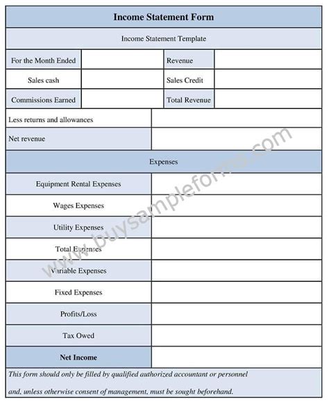 Income Statement Form Template Example Word Download