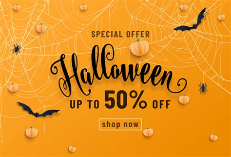할로윈 판매 배너 파티 초대 개념 배경 박쥐 거미줄 거미줄 호박 글자 글꼴 텍스트와 휴일 디자인 종이 컷 스타일입니다 벡터 일러스트레이션 가을에 대한 스톡 벡터 아트 및