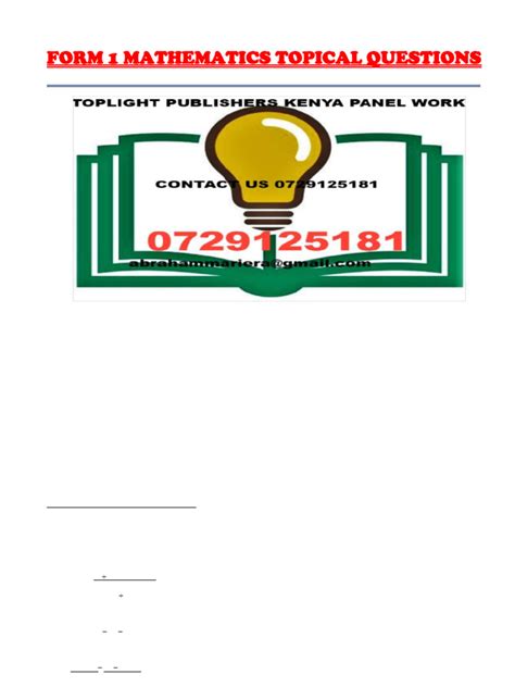 Form 1 Mathematics Topical Questions Pdf