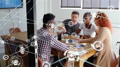 Animation Of Network Of Connections With Icons Over Diverse Business