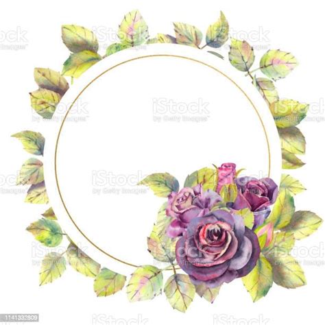 어두운 장미 꽃 녹색 잎 기하학적 인 황금 프레임에 구성 결혼식 꽃의 개념입니다 라운드 프레임 꽃 포스터 초대장입니다 인사말 카드 또는 초대장의 디자인에 대 한 수채화 조성