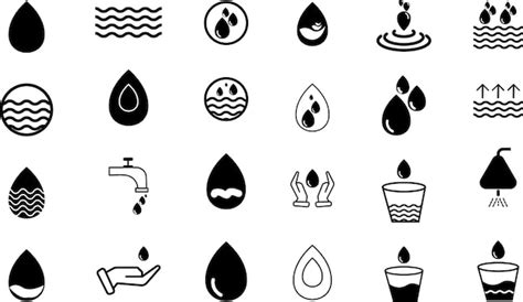 워터 드롭 픽토그램 아이콘 세트 에코 재활용 물 바다 케어 아이콘 단색 검은 모양 기호 프리미엄 벡터