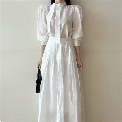 보아 퍼프 타이 블라우스 플리츠 롱스커트 투피스 세트 3color 데이트룩 오피스룩 면접룩 상견례룩 파티룩 셀프웨딩 브라이덜샤워 돌잔치원피스 2부드레스 하객룩 에이블리