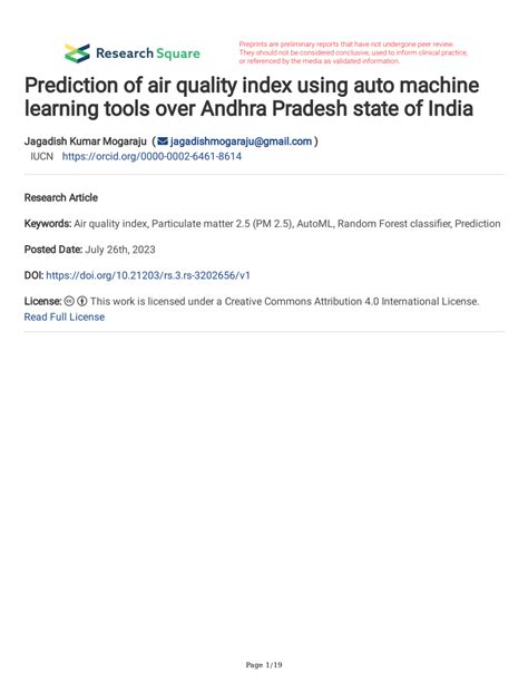 PDF Prediction Of Air Quality Index Using Auto Machine Learning Tools Over Andhra Pradesh