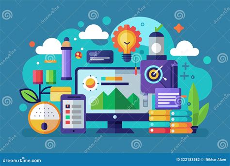 Desktop Computer With Lightbulb Pencil Smartphone And Cloud All Customizable Creation