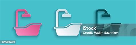 파란색 배경에 격리 된 용지 컷 욕조 아이콘 종이 아트 스타일 벡터 3차원 형태에 대한 스톡 벡터 아트 및 기타 이미지 3차원 형태 가정의 방 건강한 생활방식