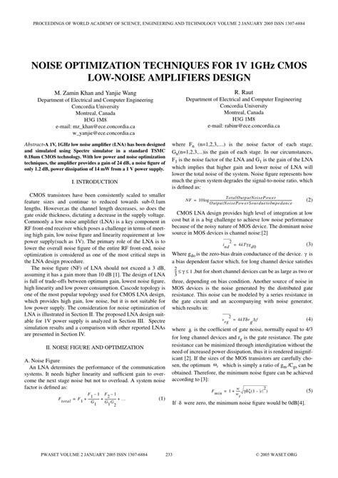 PDF NOISE OPTIMIZATION TECHNIQUES FOR 1V 1GHz CMOS LOW NOISE AMPLIFIERS DESIGN