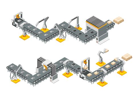 Conveyor Lines Of The Automatic Factory With Robotic Arms Assembly Process Vector Illustration