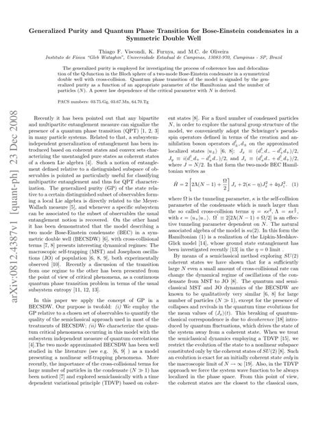 Pdf Generalized Purity And Quantum Phase Transition For Bose Einstein Condensates In A