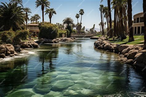 A Lush Green Oasis In The Desert With Palm Trees And Flowing Water