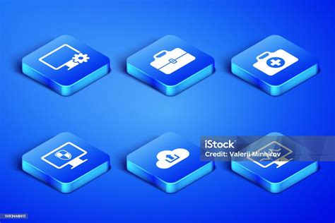 심전도 컴퓨터 모니터 및 장비 클라우드 업로드 방패 도구 상자 및 응급 처치 키트 아이콘으로 모니터를 설정합니다 벡터 3차원 형태에 대한 스톡 벡터 아트 및 기타 이미지