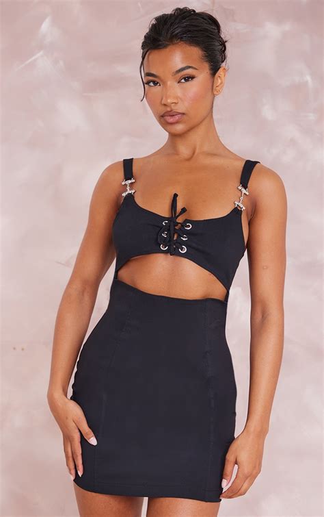 Black Stretch Woven Lace Up Trim Bodycon Dress Dresses Plt