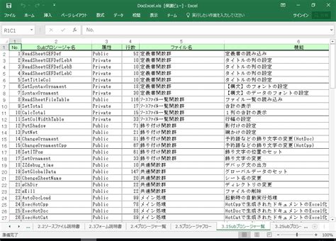 Excel2016 システム 仕様書 プログラム 設計書 サンプル 例 Excel2016対応 Subプロシージャ一覧