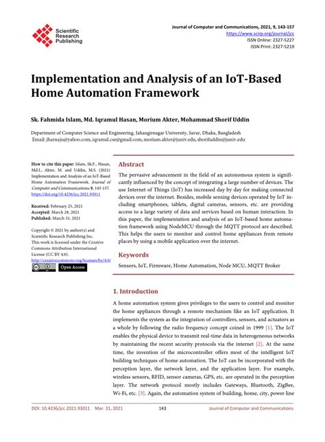 PDF Implementation And Analysis Of An IoT Based Home Automation Framework