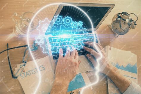 Premium Photo Man Typing On Keyboard Background With Brain Hologram Concept Of Big Data