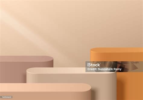 현실적인 단계가 있는 3d 배경은 밝은 나무 갈색 베이지색 및 주황색으로 설정된 제품 연단을 둥글게 만듭니다 최소한의 벽 장면