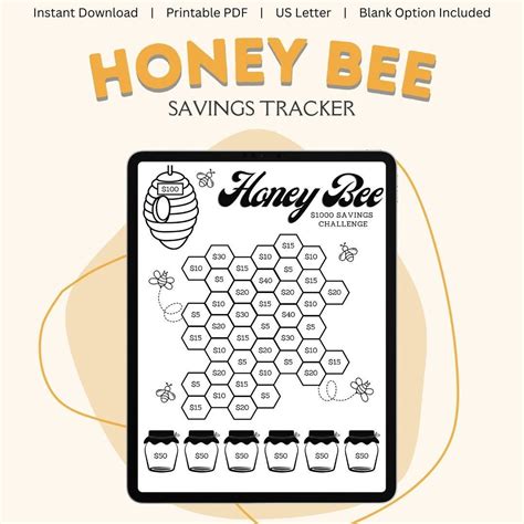 Digital Savings Tracker Honey Bee Theme 1000 Dollars Challenge Blank