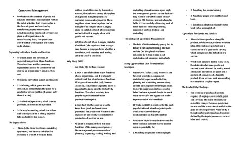 Operations Management Midterm Reviewer Operations Management Production Is The Creation Of