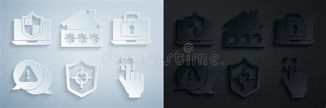 Set Shield Laptop And Lock Exclamation Mark In Triangle Fingerprint House With Password And