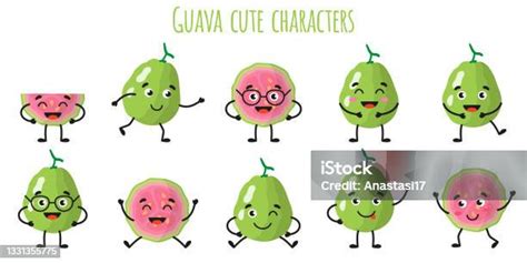 Jambu Buah Lucu Karakter Ceria Lucu Dengan Pose Dan Emosi Yang Berbeda Ilustrasi Stok Unduh
