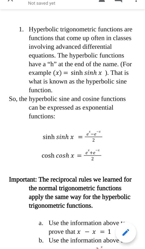 Not Saved Yet 1 Hyperbolic Trigonometric Functions