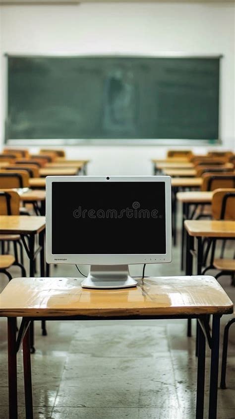 Empty Classroom With Computer On Desk Modern Education Technology Stock Illustration