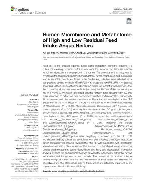 Pdf Rumen Microbiome And Metabolome Of High And Low Residual Feed Intake Angus Heifers