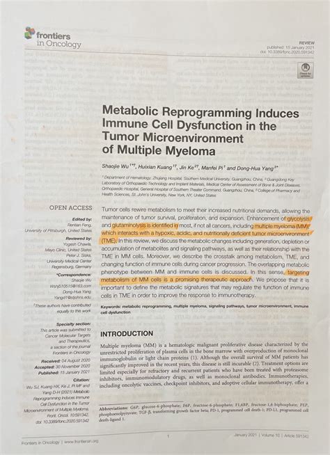 Wu Et Al 2019 Metabolic Pathways In Mm Psyching Out Cancer