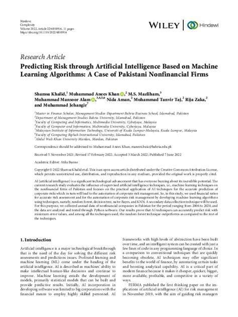 Pdf Predicting Risk Through Artificial Intelligence Based On Machine Learning Algorithms A