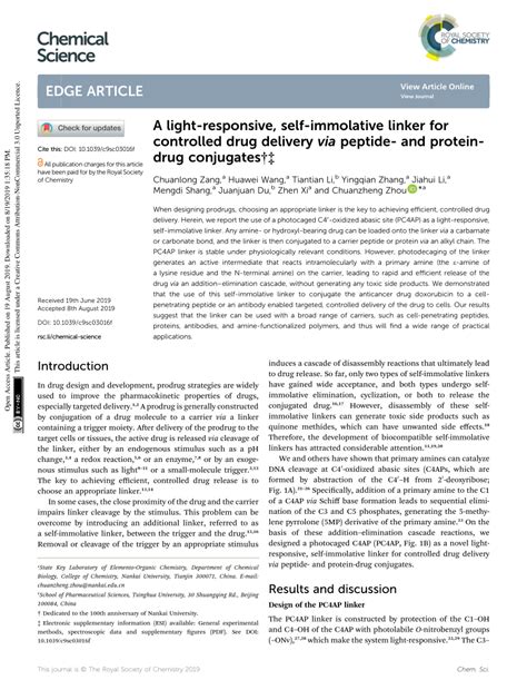 Pdf A Light Responsive Self Immolative Linker For Controlled Drug