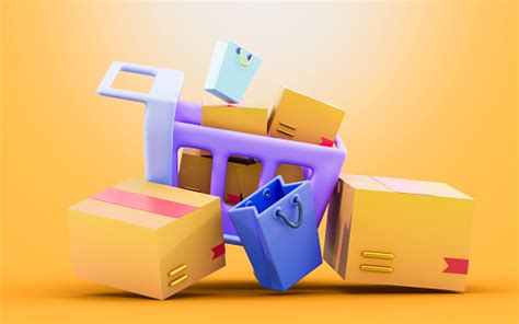제품 구매를위한 가방 소포 상자 3d 렌더링 개념이있는 장바구니 기호 배달에 대한 스톡 사진 및 기타 이미지 배달 3차원