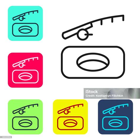 흰색 배경에 고립 된 검은 줄 겨울 낚시 아이콘 색상 정사각형 단추로 아이콘을 설정합니다 벡터 강에 대한 스톡 벡터 아트 및 기타 이미지 Istock