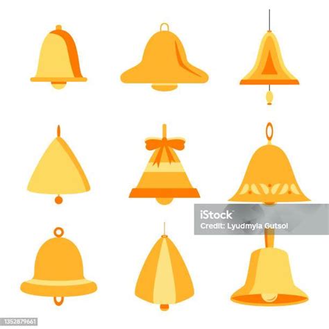 벨 세트 간단한 평면 일러스트레이션 휴일 아이콘 크리스마스 기호 종 Xmas 디자인 요소의 다양한 모양 활이 있는 금종 벡터 개체 그룹에 대한 스톡 벡터 아트 및 기타