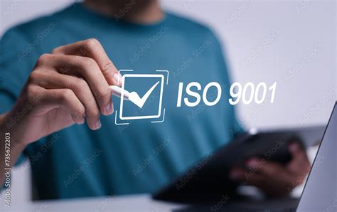 ISO Standard Certification Standardisation Quality Control Concept Person Use Laptop And