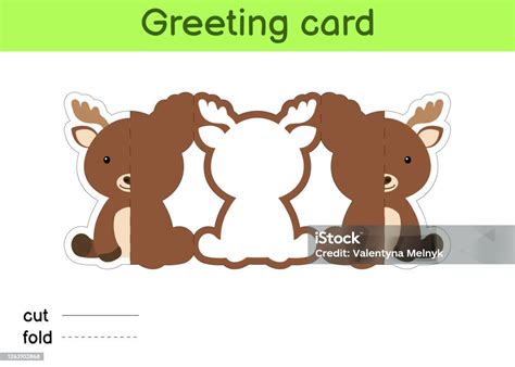 귀여운 무스 접이식 인사말 카드 템플릿 생일 베이비 샤워 테마 파티에 적합합니다 인쇄 가능한 색상 구성표입니다 인쇄 잘라내기 접기 접착제 다채로운 벡터 스톡 일러스트레이션