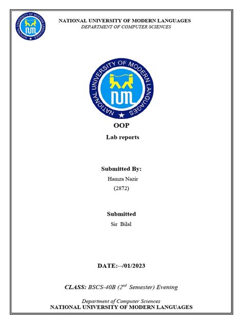 Hamza Nazir 2872 Oop Lab Report Pdf Method Computer Programming Parameter Computer