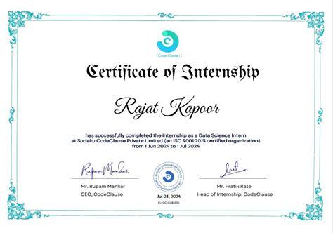 Rajat Kapoor On Linkedin Datascience Internship Codeclause