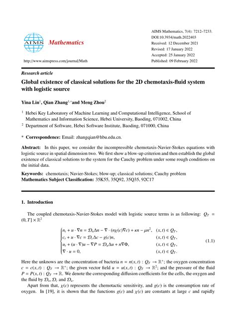 Pdf Global Existence Of Classical Solutions For The 2d Chemotaxis Fluid System With Logistic