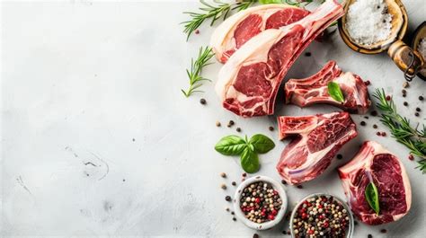 Premium Photo Assortment Of Various Raw Lamb Cut Parts With Copy Space