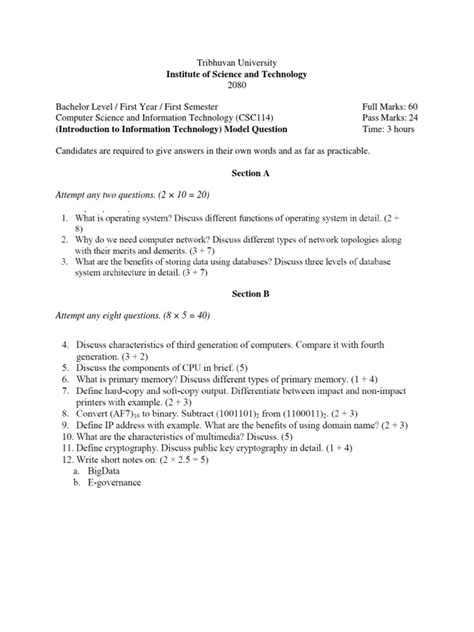bsc csit grading system 1st sem and 2nd sem model questions pdf