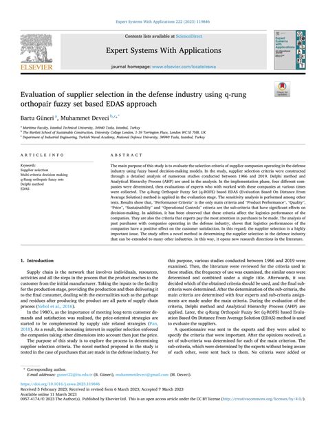 Pdf Evaluation Of Supplier Selection In The Defense Industry Using Q Rung Orthopair Fuzzy Set
