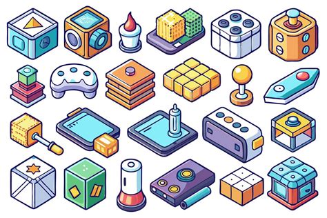 A Collection Of Isometric Game Assets Including Buttons Controllers And Other Game Elements