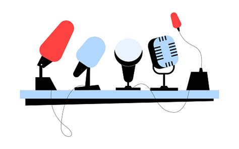 기자 회견 미디어 인터뷰 공개 연설 및 저널리즘을 상징하는 플랫 벡터 일러스트 레이 션의 스탠드에 마이크는 흰색 배경에 고립되어 있습니다 마이크에 대한 스톡 벡터 아트 및
