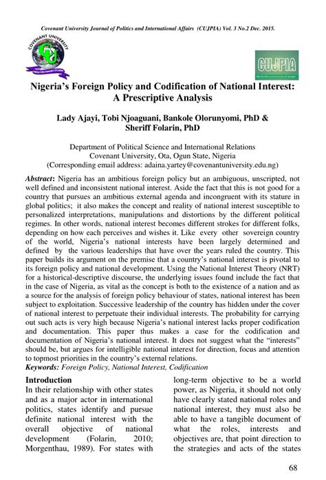 Pdf Nigerias Foreign Policy And Codification Of National Interest A